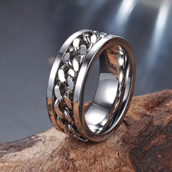 Accessories | Mens Ring Stainless Steel Silver Curb Chain Spinner Wide ...